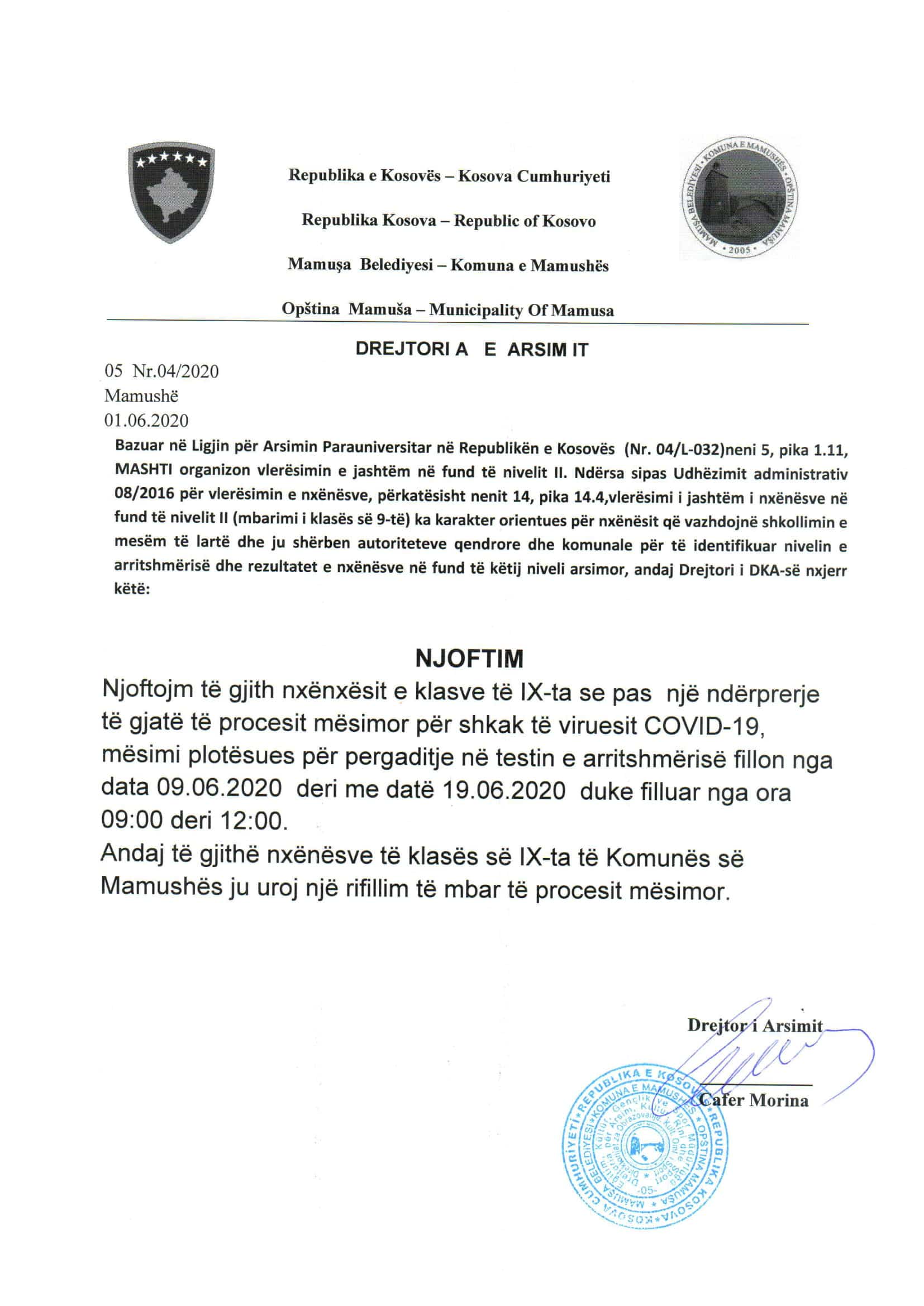 NJOFTIM NGA DREJTORIA ARSIMIT - Komuna e Mamushës
